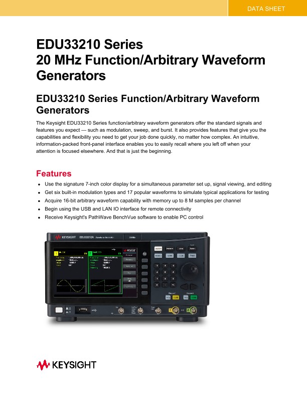 EDU33210 Series 20 MHz Function/Arbitrary Waveform Generators PDF Asset Page | Keysight